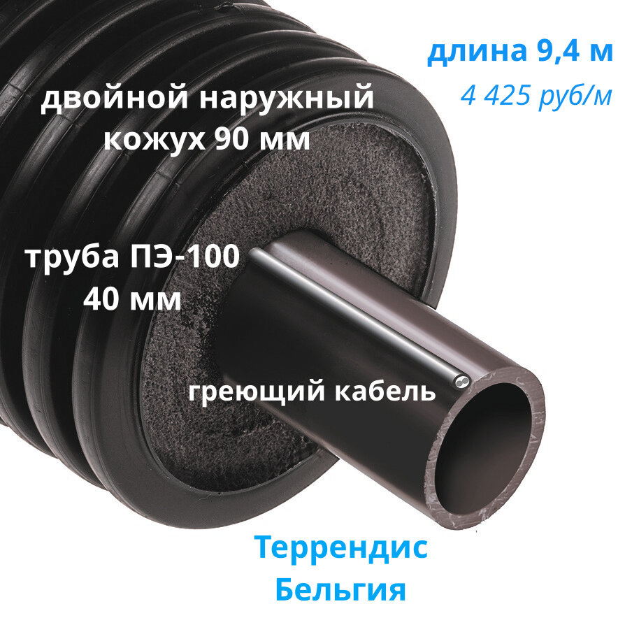 C9040W10 9,4 м незамерзающая теплотрасса с греющим кабелем для холодной воды или канализации, кожух 90мм, труба 40x3,7