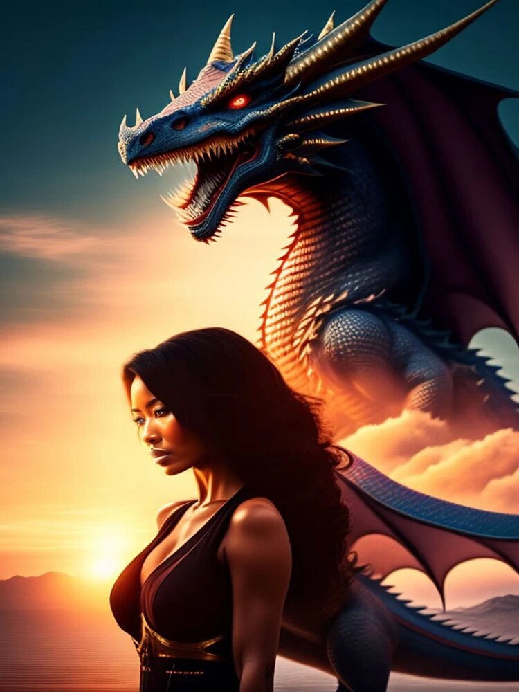 Алмазная мозаика на подрамнике "Девушка и дракон" круглые бриллианты 40х50см