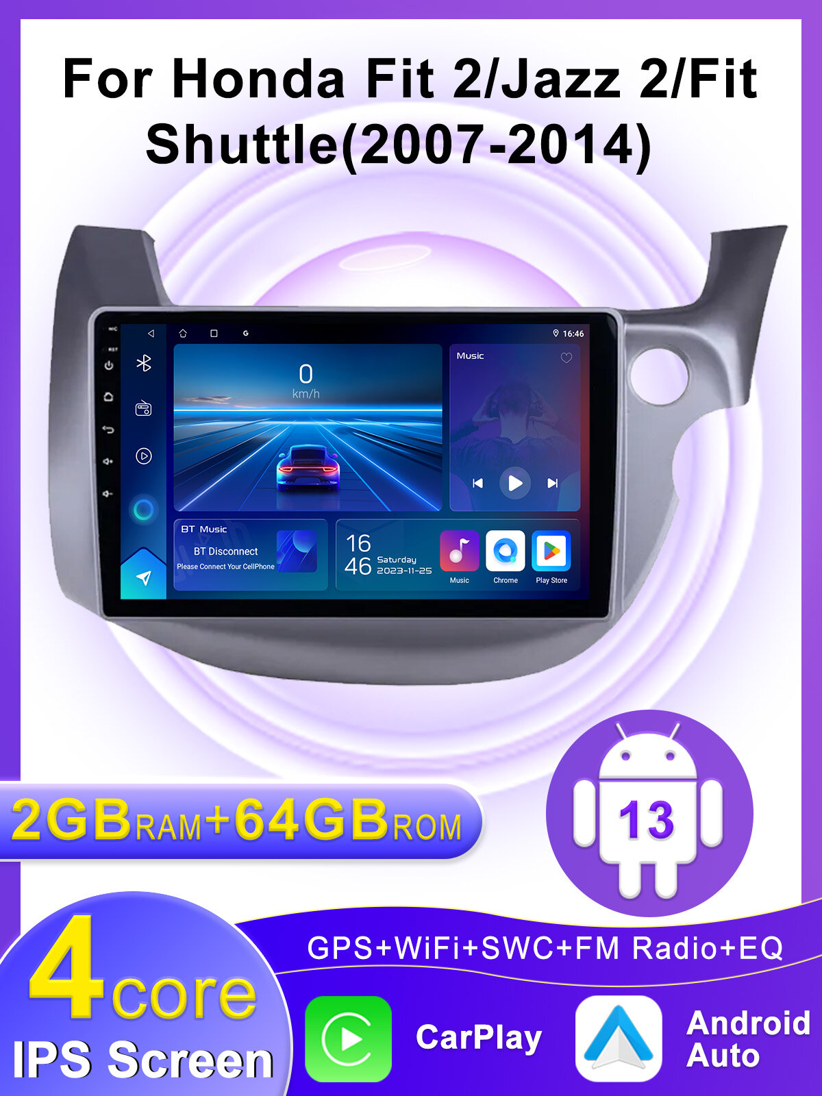 Магнитола для Автомагнитол Honda Fit 2/Jazz 2/Fit Shuttle 2007-2014 2 DIN Android Auto Carplay 9-дюймовое головное устройство Android FM RDS WIFI 4 Core