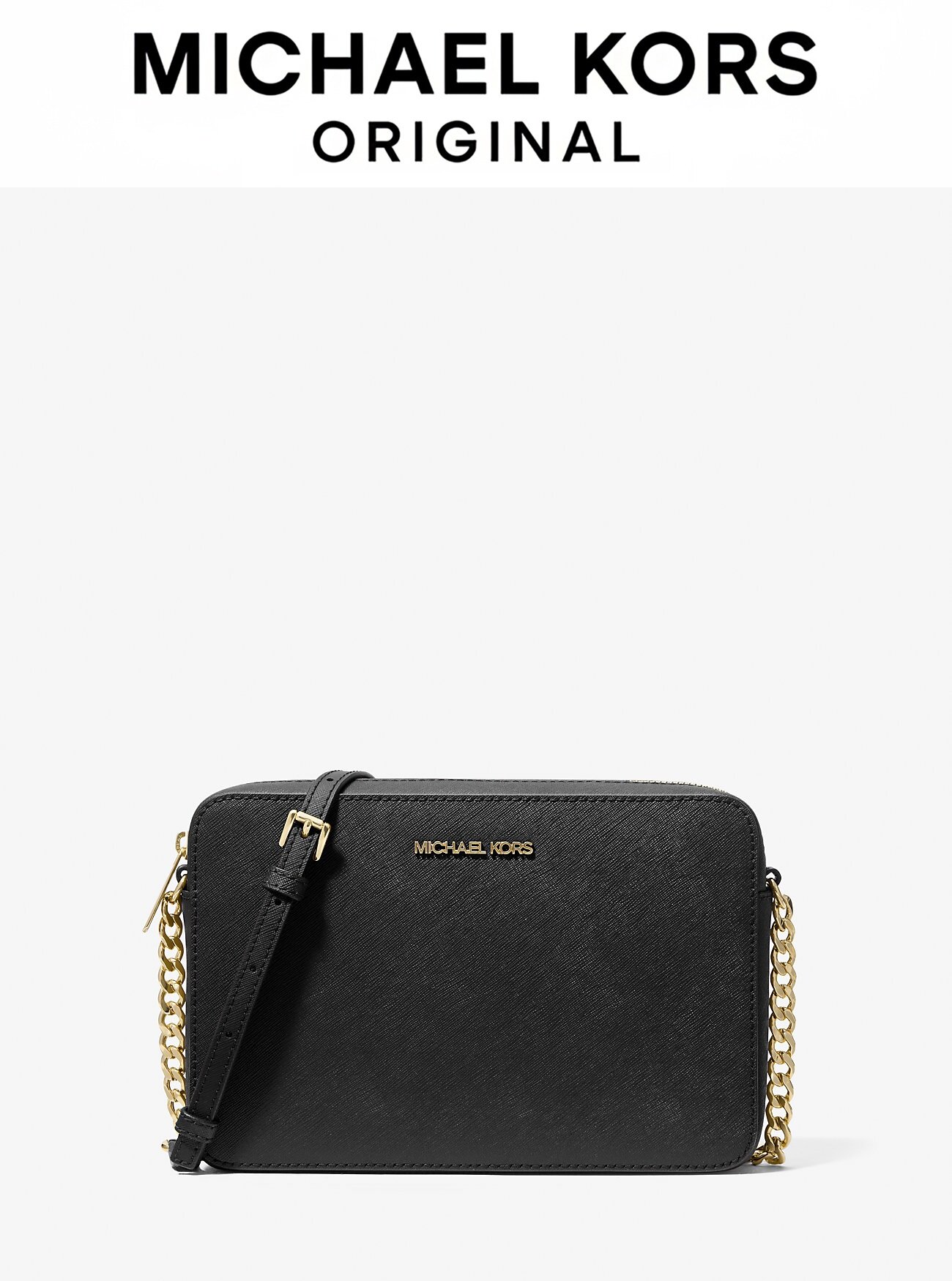 Сумка кросс-боди Сумка женская прямоугольная черная с золотой фурнитурой без украшений из натуральной кожи Michael Kors Logo Jet Set Large Saffiano Leather Crossbody Bag Black Gold 35T8GTTC9L