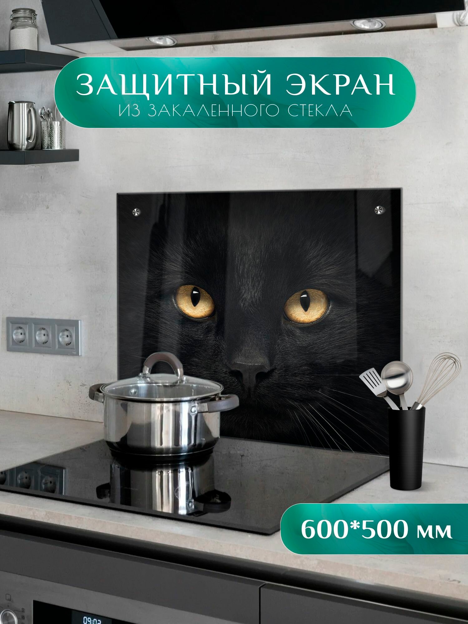Защитный экран для плиты от брызг "Черный кот" 600х500 мм. Стекло для плиты на стену. Закаленное стекло для фартука.