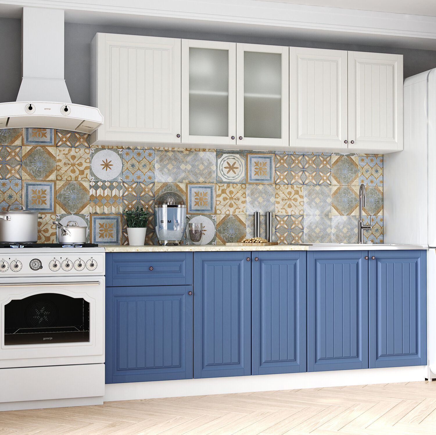 Кухонный гарнитур, кухня, готовый комплект Хозяюшка 2 метра Акация белая/Деним