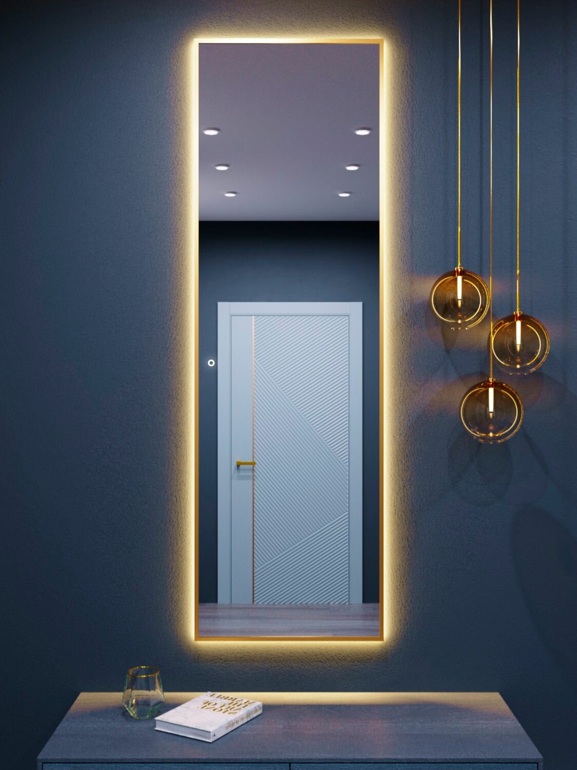 Зеркало настенное 150х50 см. ONE MARKET с подсветкой сенсорное в алюминиевой раме, Золото