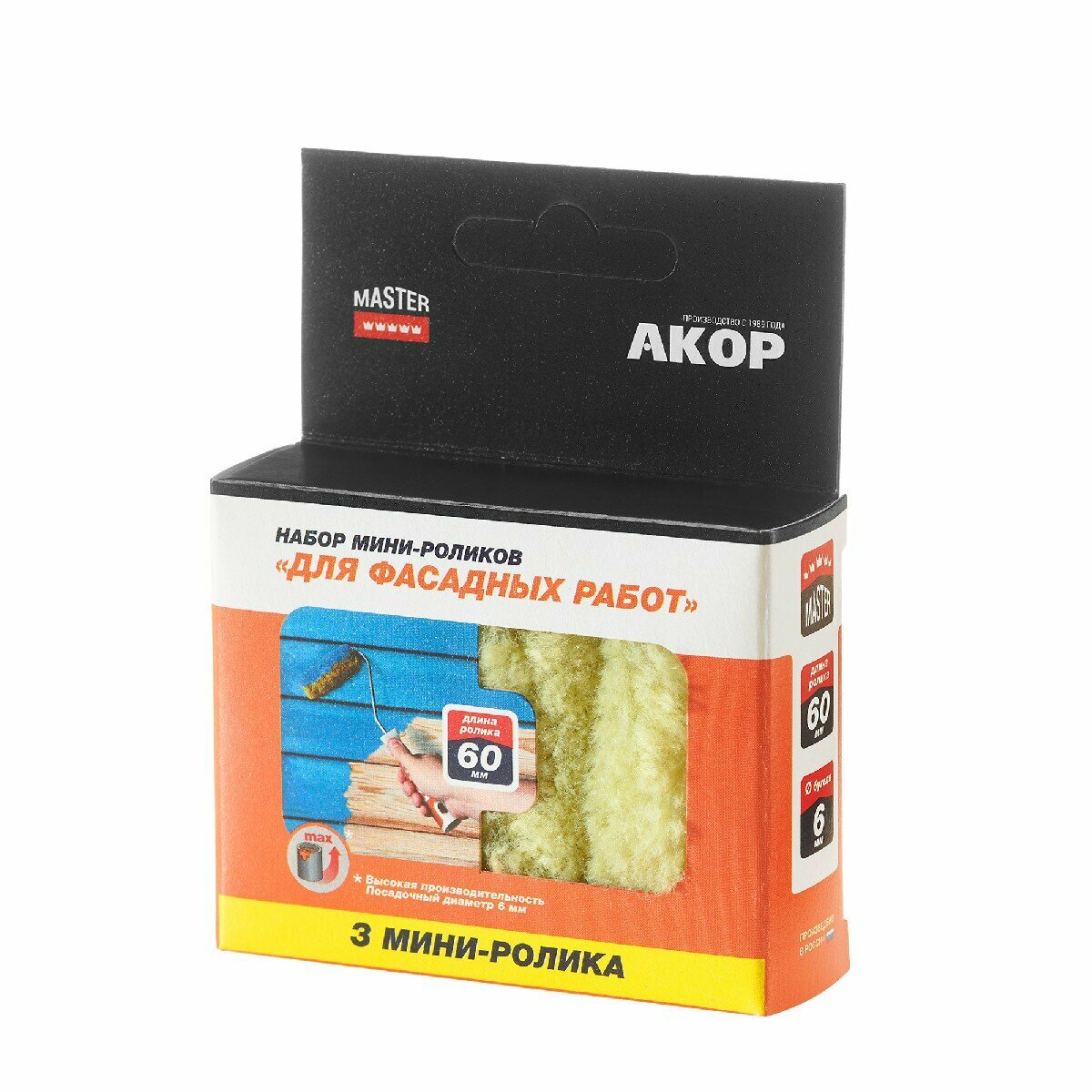 Мини-валик полиакриловый фасадный Акор Мастер, D40 x 60 мм, бюгель 6 мм, набор 3 шт