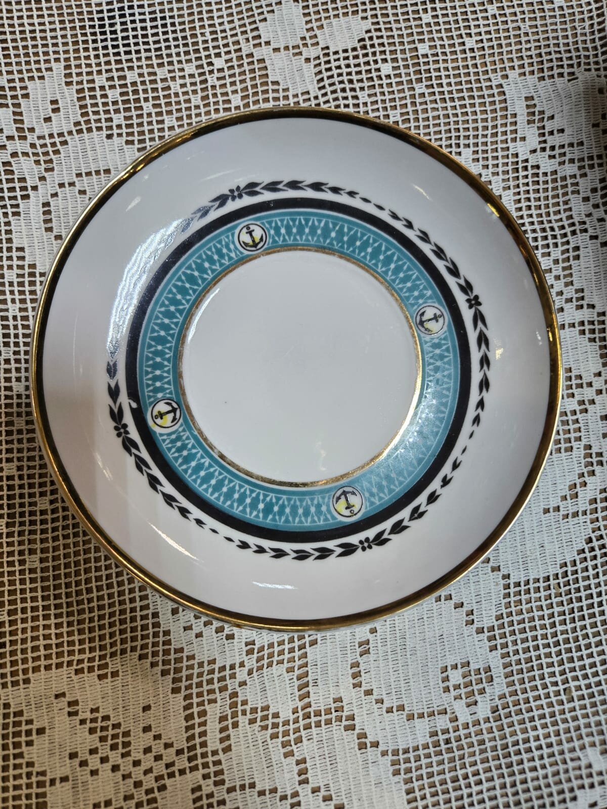 Блюдце чайное с рисунком якоря винтажное советское, фарфор, ЛФЗ СССР