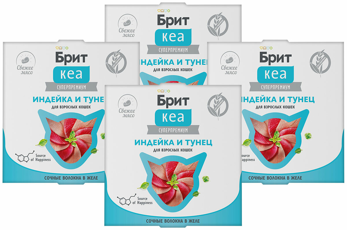 Корм влажный Brit Care для взрослых кошек с индейкой и тунцом кусочки в желе, 75 г х 4 шт