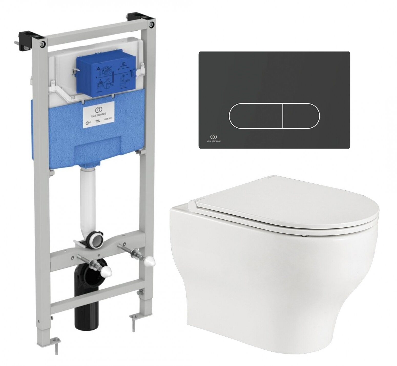 Комплект 3 в 1 инсталляция Ideal Standard + Подвесной унитаз WeltWasser Erlenbach 004 GL-WT + кнопка черная