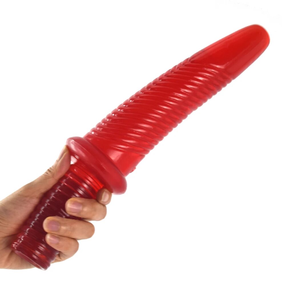 Фаллоимитатор FAAK, длинный ребристый фаллоимитатор, просвечивающий, винно-красный, Анальная Red