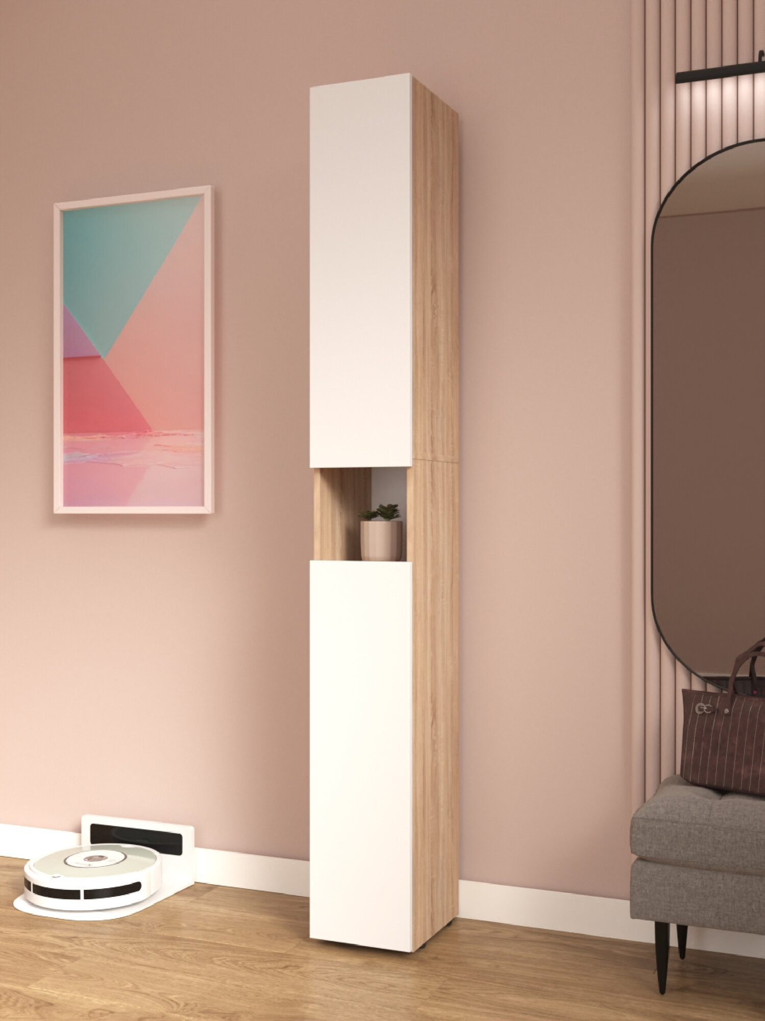 Шкаф-пенал Milkstone, дуб-белый, 198х25х32 см, доводчики, с полками, ЛДСП