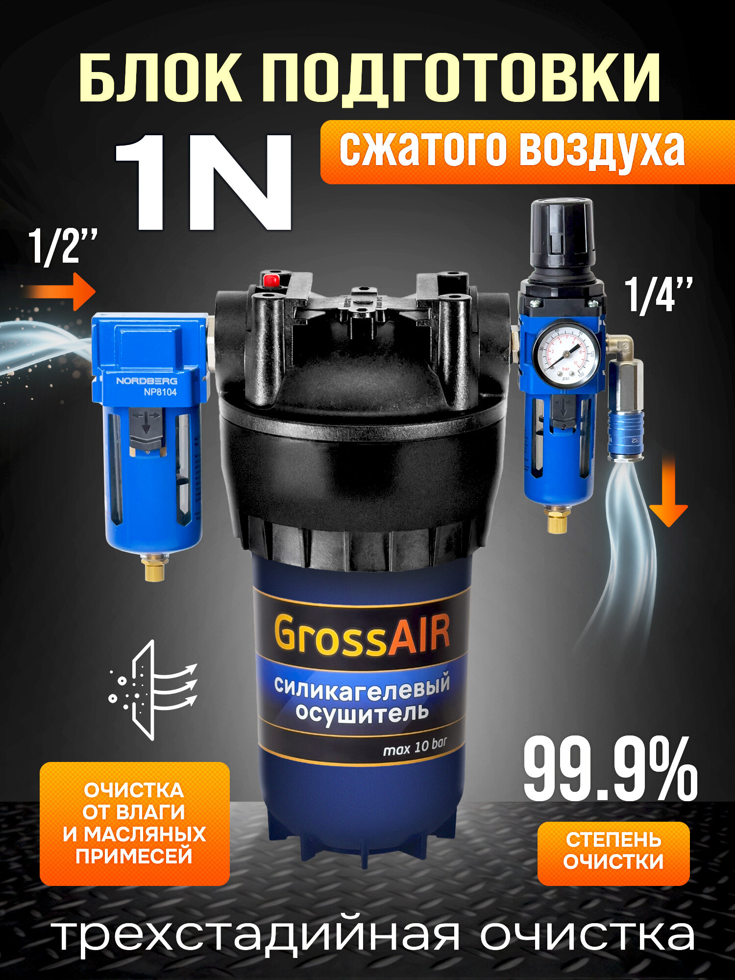 Фильтр-группа осушитель GrossAIR 1N (вход 1/2", редуктор, БРС) блок подготовки сжатого воздуха