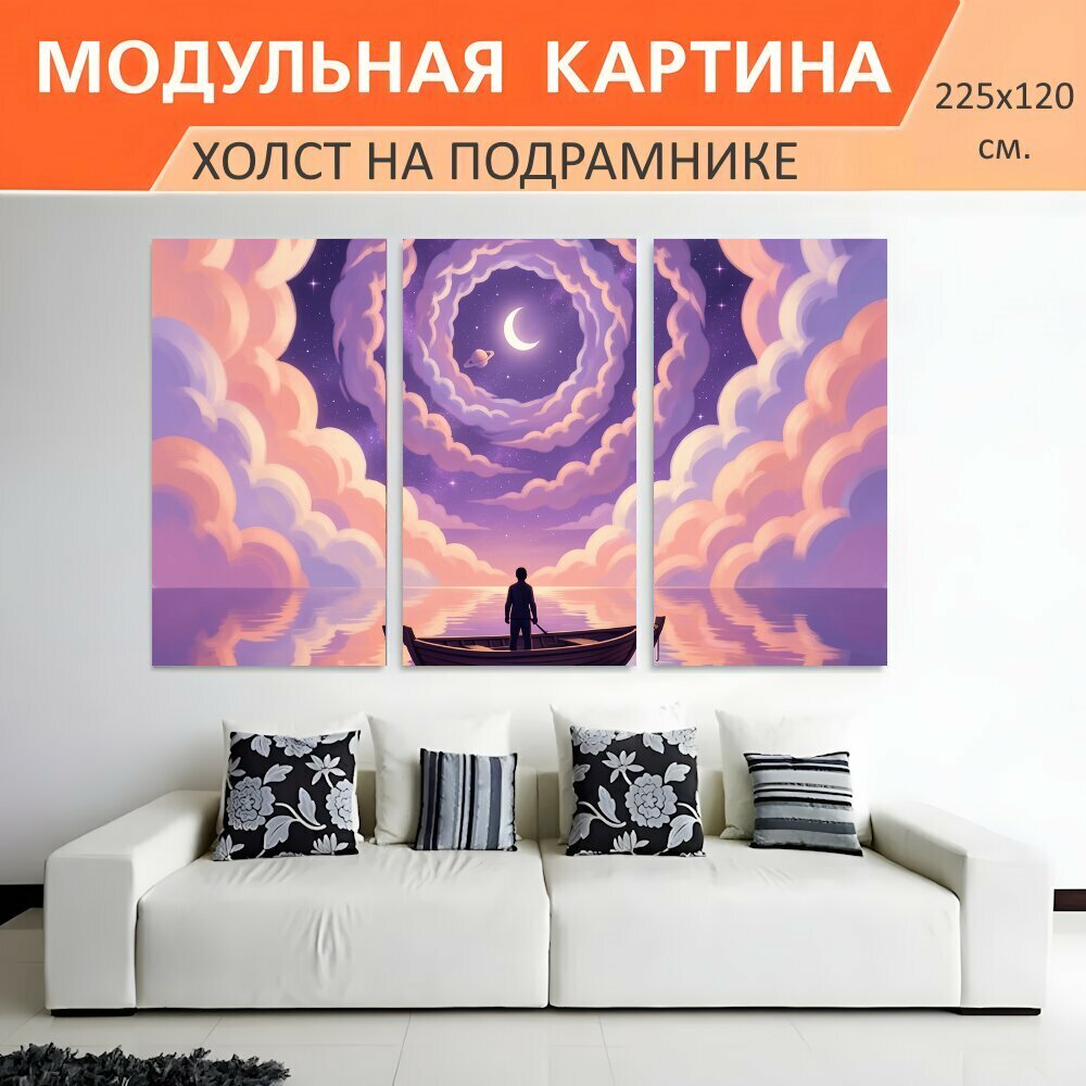 Модульная картина на холсте "Лодка под лунным небом. Фантазийная ночная сцена: силуэт человека в лодке на зеркальной воде, вокруг." триптих на подрамнике 225х120 см. для интерьера