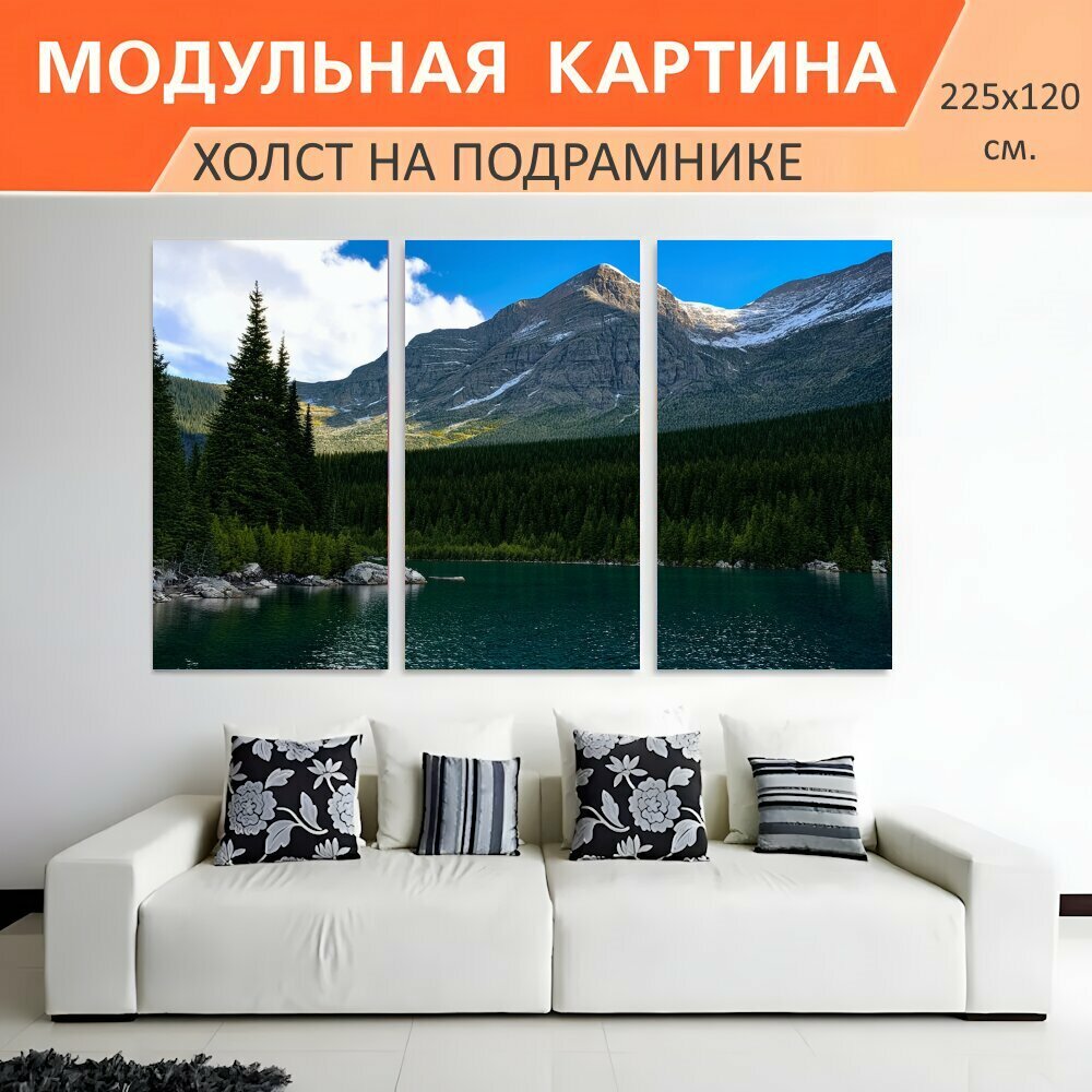 Модульная картина на холсте "Живописный горный пейзаж с зеркальным озером среди скалистых гор и зеленых лесов反射 синее небо и белые." триптих на подрамнике 225х120 см. для интерьера