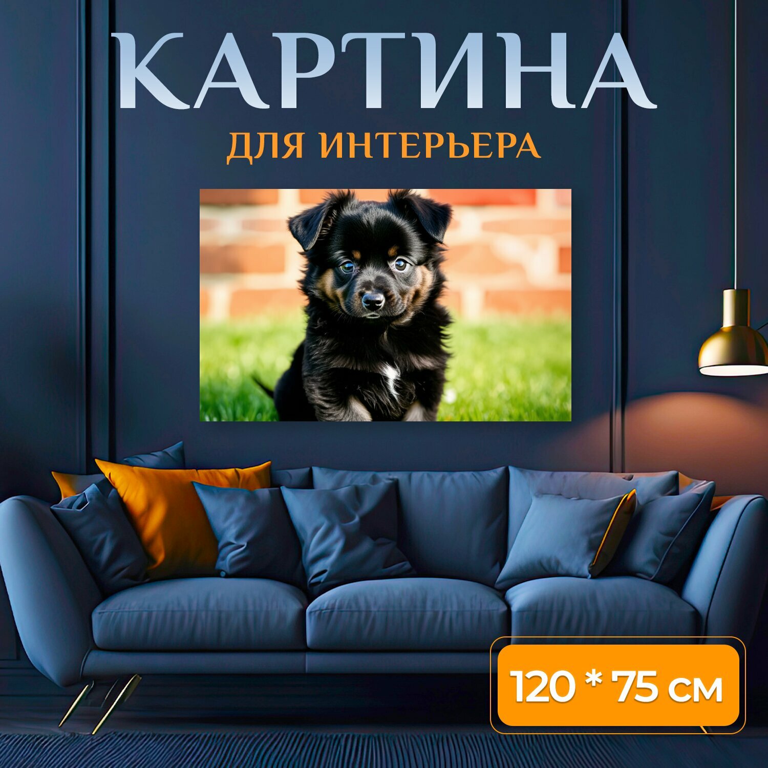 Картина на холсте "Черный шпиц puppy, маленький, пушистый, с большими глазами, уши стоят, на зеленой траве, размытый фон, кирпичная стена, солнечный свет" на подрамнике 120х75 см. для интерьера