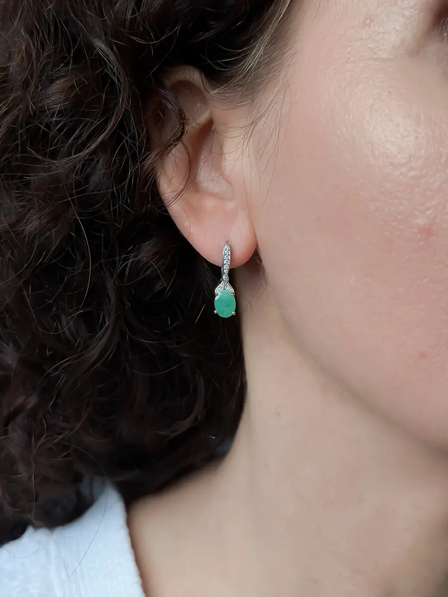 Серьги, серебро, 925 проба, золочение, родирование, изумруд, фианит