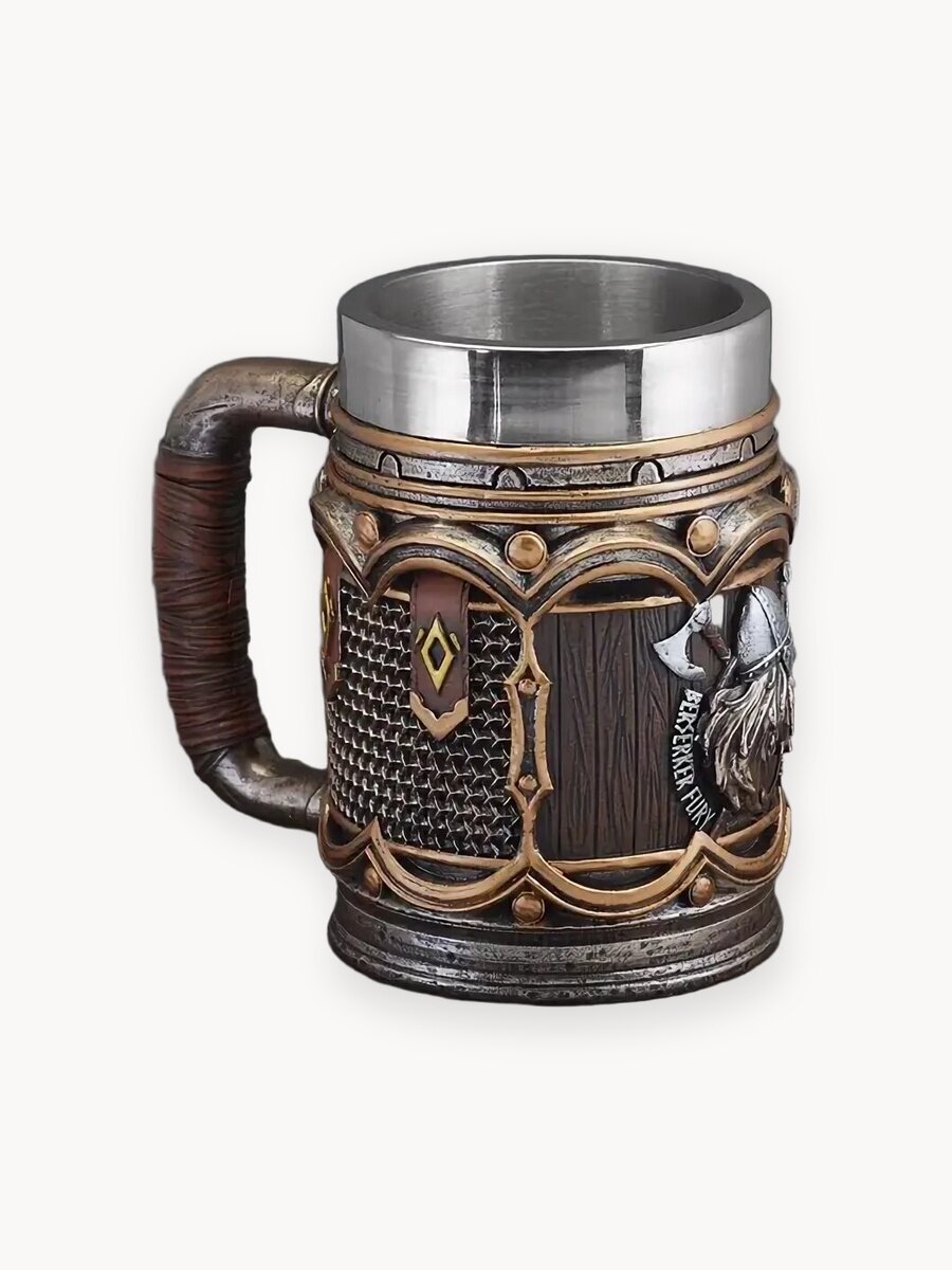 Подарочная пивная кружка Викинг 550 мл, нержавеющая сталь, двойные стенки, бокал для пива, ручная роспись