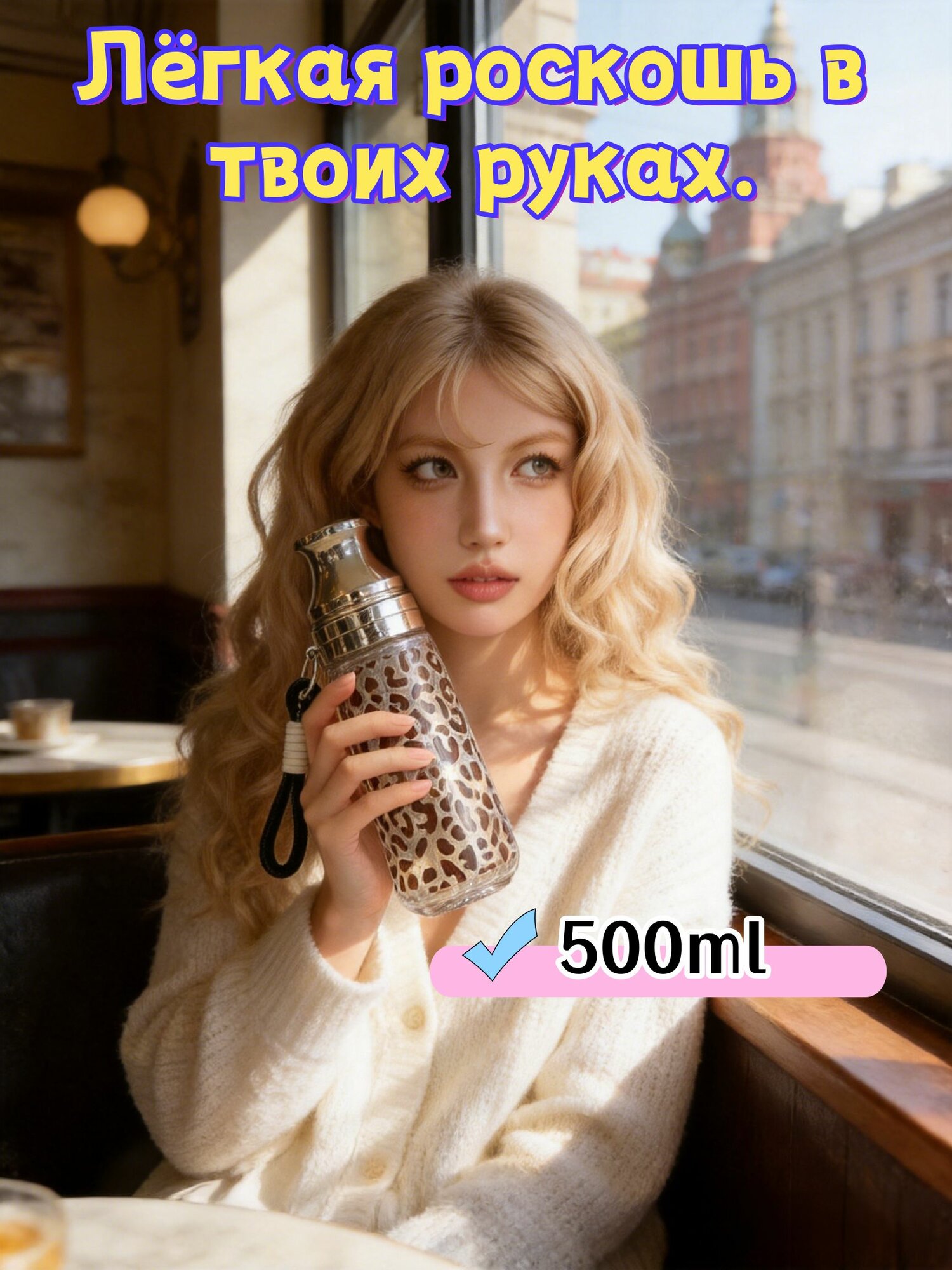 Стильный пластиковый стакан с узором, 500 мл, черно-белый зебровый принт, с крышкой и ремешком