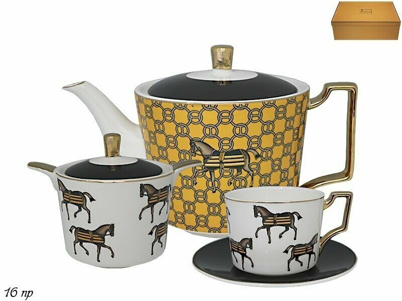 Чайный сервиз на 6 персон 14 предметов Lenardi чашки, чайник, блюдца, сахарница, фарфор