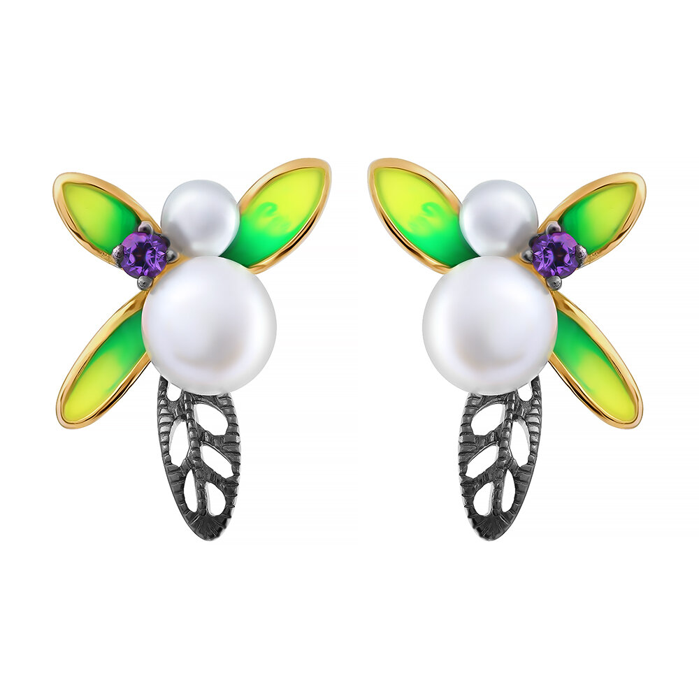 Серьги, серебро, 925 проба, эмаль, жемчуг, аметист