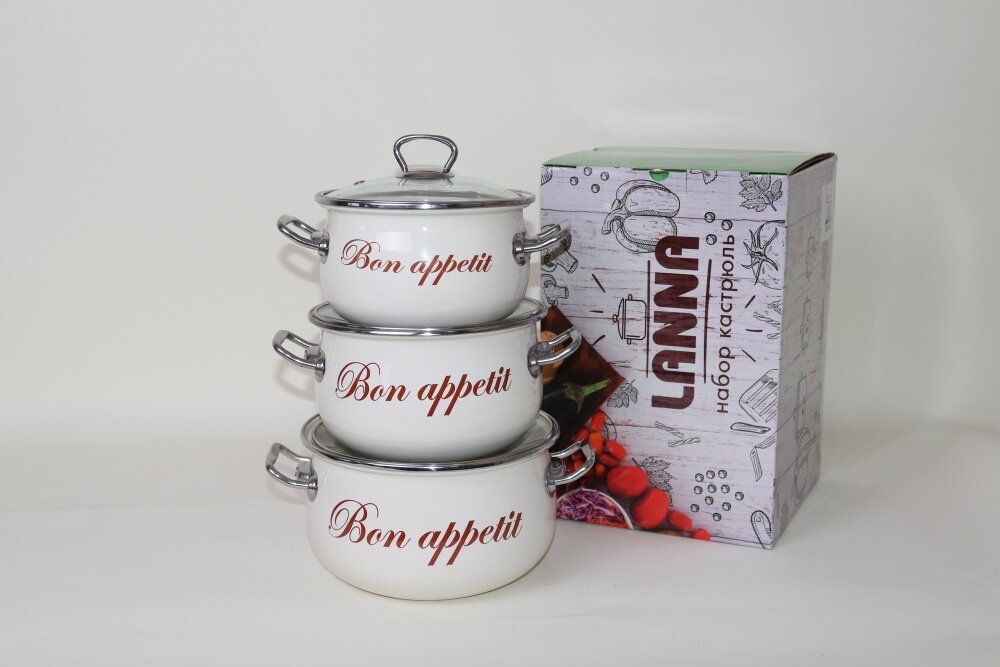 Набор эмалир. кастрюль 2,2л,3,0л,4,0л, стекл. крышка, хром. ручки, Bon appetit/Приятного аппетита ТМ LANNA (Артикул: 4100015253; Фасовка = набор)