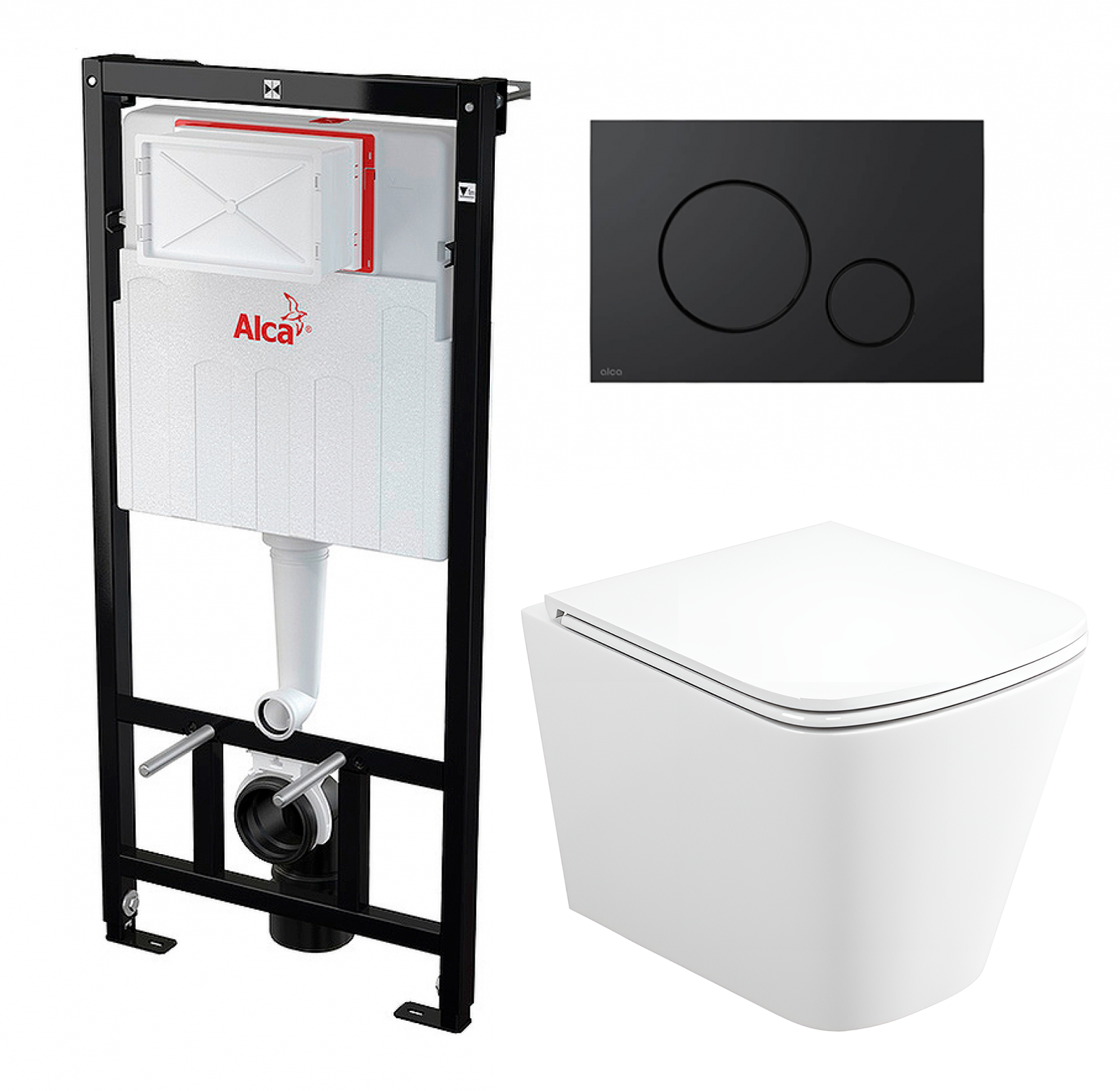 Комплект 3 в 1 инсталляция AlcaPlast AM101/1120-4:1 RU M678-0001 + Унитаз подвесной Enio Binario Tornado 1.0 + кнопка черная