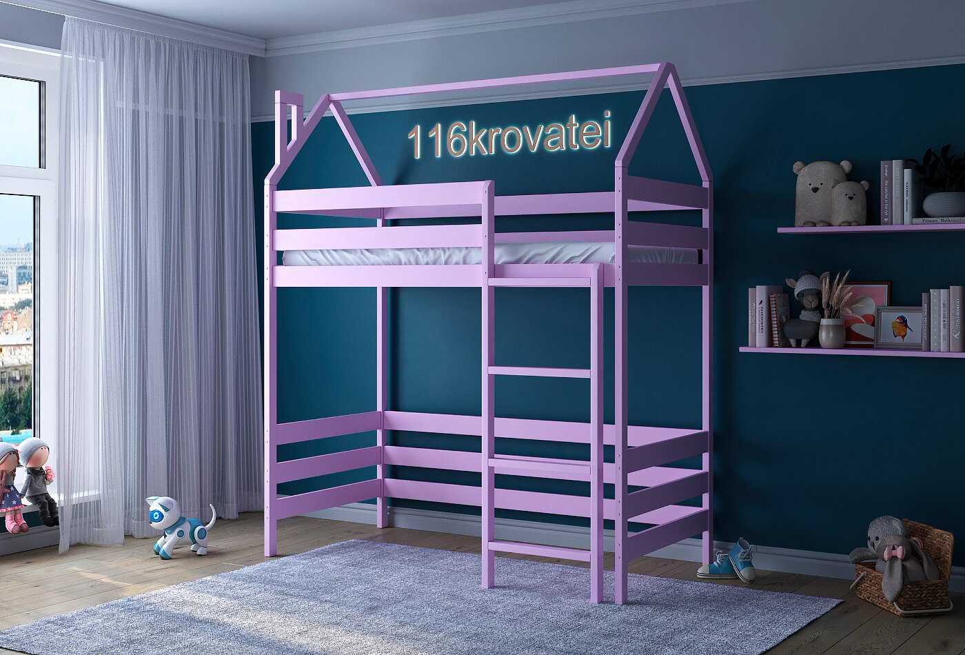 Кровать-чердак 180х90 с амбарной крышей, розовый, 116 Кроватей