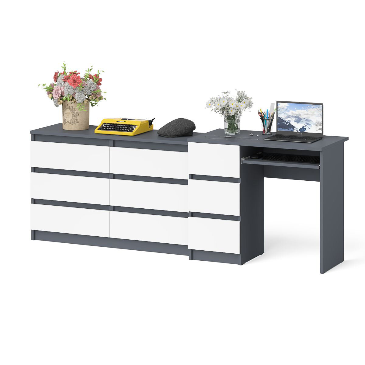 Комод СВК Мори МК1200 6-ть ящиков со столом компьютерным левым цвет графит/белый, 210,4х50х76,6 см.