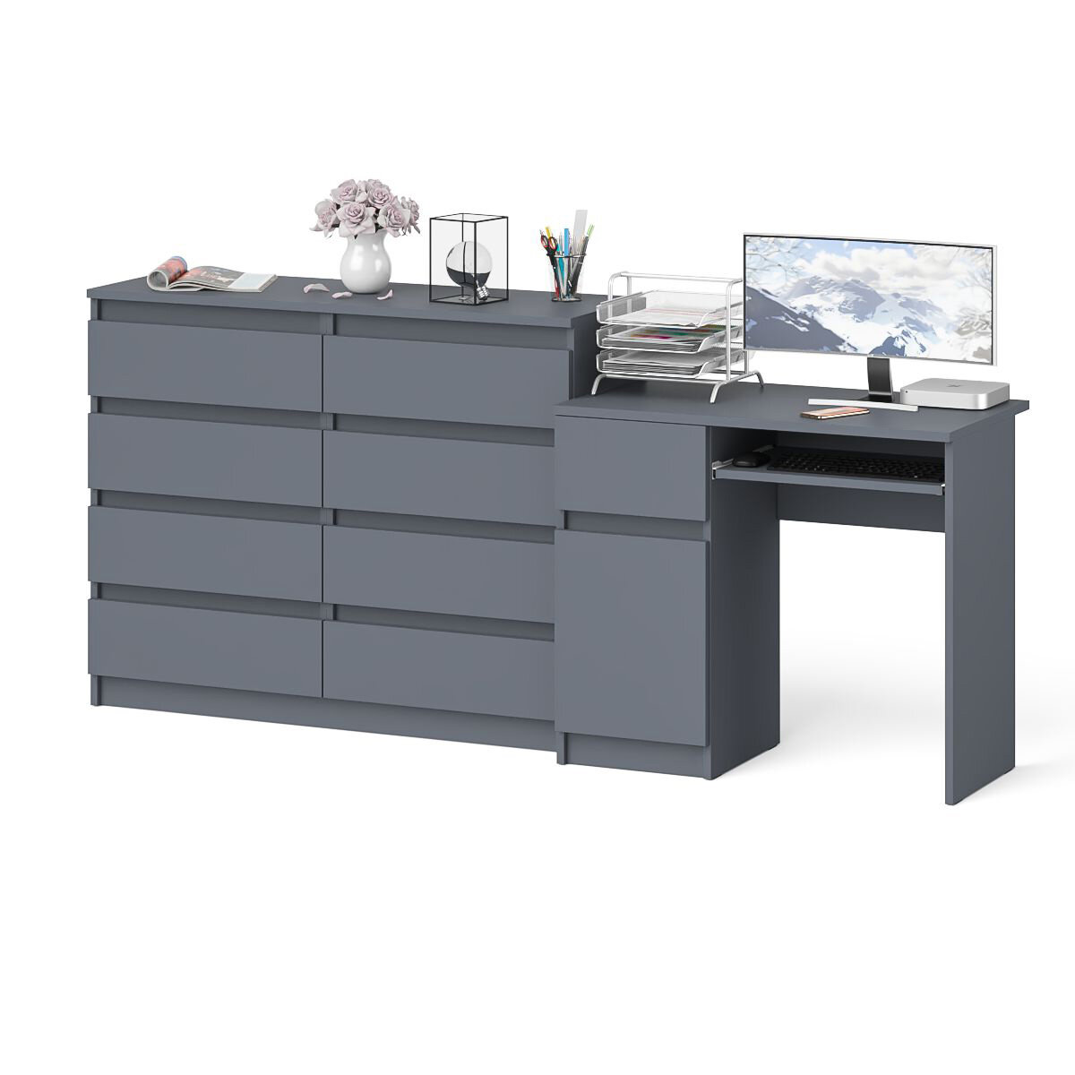 Комод на восемь ящиков СВК Мори 1200.8 и левый компьютерный стол цвет графит, 210,4х50х94 см.