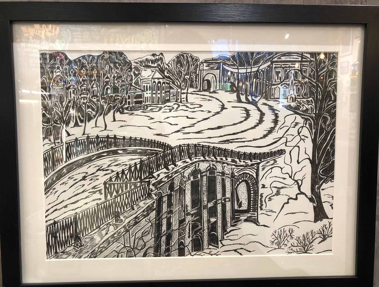 Картина в раме. Миляева Нина "Калужский мост", графика, 30x40. Авторская живопись.