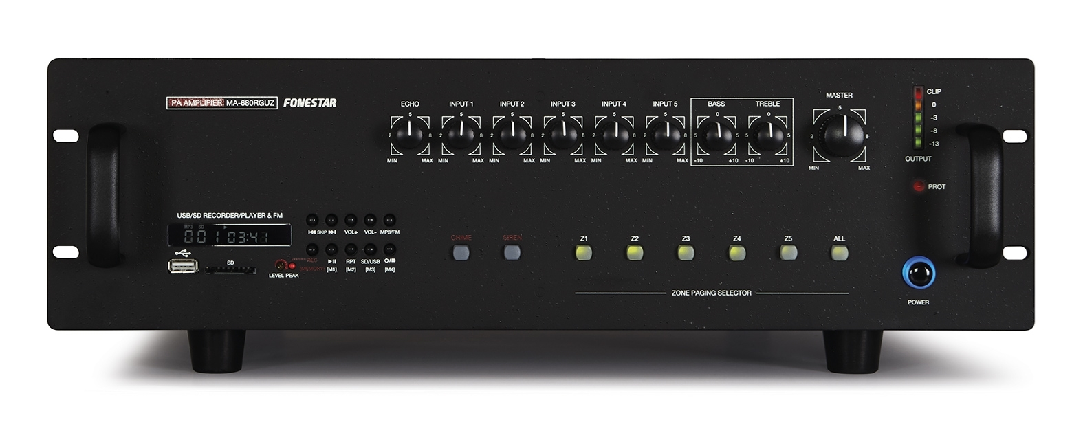Fonestar MA-680RGUZ- Усилитель-микшер 680 Вт – 70/100 В, 4/8/16 Ом с приоритетом, встроенный плеер USB, microSD, FM-радио