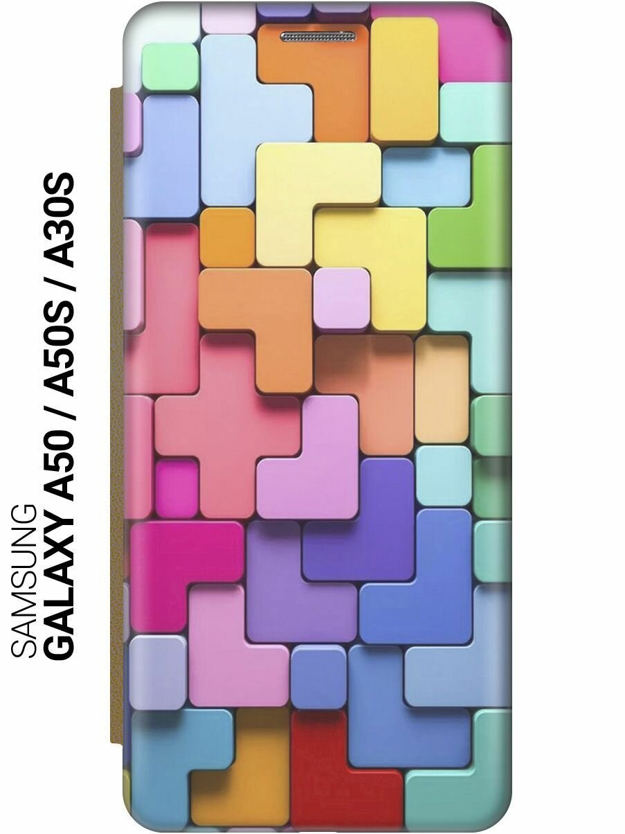 Чехол-книжка на Samsung Galaxy A50, A50s, A30s, Самсунг А50, А30с, А50с с 3D принтом "Паттерн из блоков" золотой