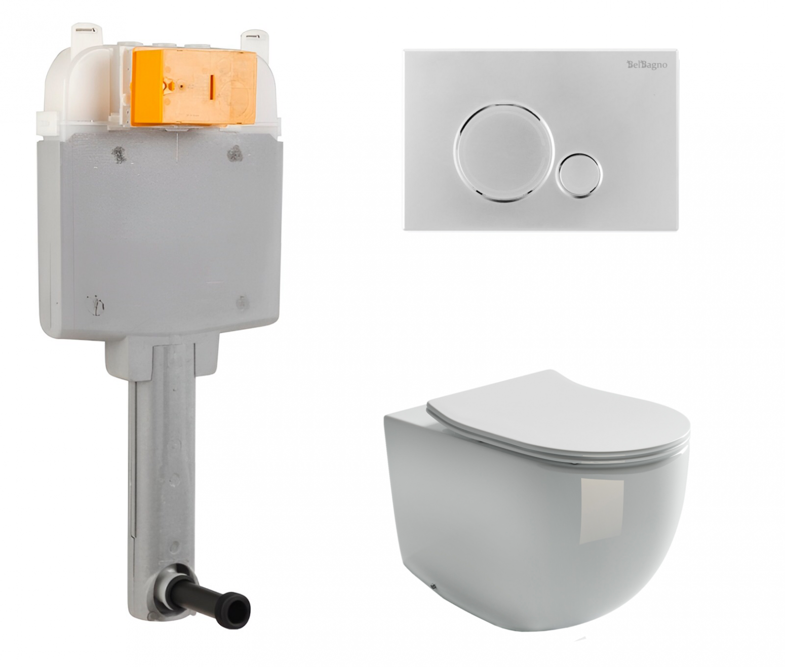 Комплект 3 в 1 смывной бачок скрытого монтажа BelBagno BB025-CS + Унитаз приставной Ceramica Nova Metropol CN4004 с кнопкой хром Sfera BB025-CS + CN4004 + BB014-SR-BIANCO