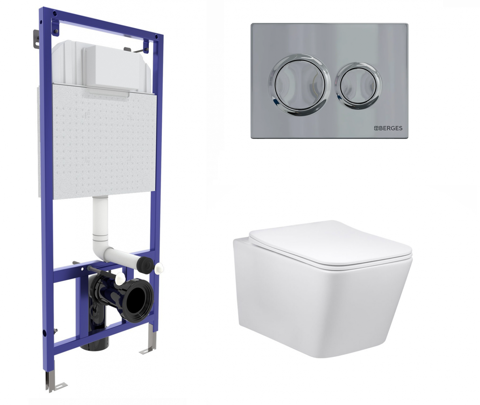 Комплект 3 в 1 инсталляция Berges Novum O3 + Унитаз подвесной Vincea Q-Line VT1-12 с кнопкой глянцевой хром