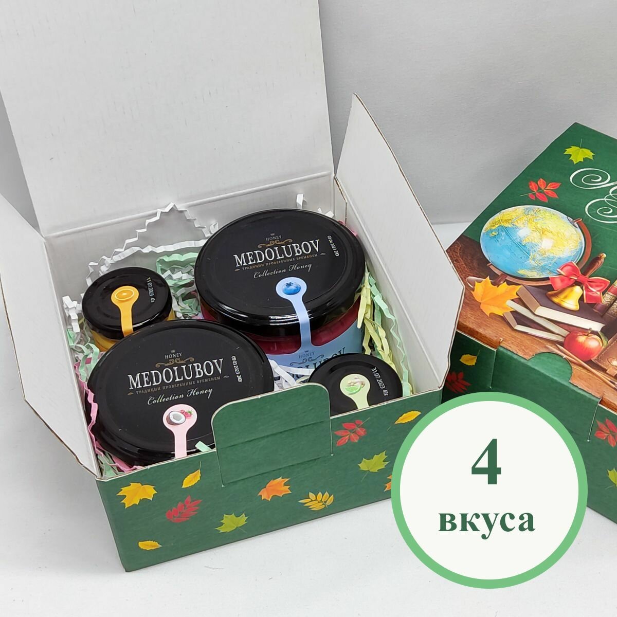 Мед суфле подарочный набор Медолюбов 2 вкуса по 250 мл, 2 вкуса по 40 мл "Любимому учителю"