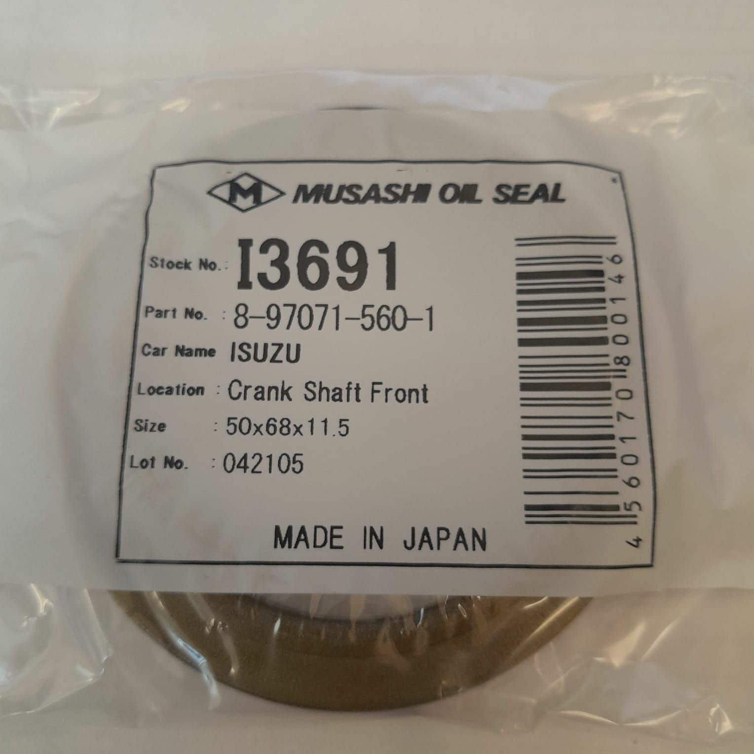 Сальник коленчатого вала передний Musashi I3691 Isuzu двигатель 4JG2, 4JJ1 ELF; Rodeo; Bighorn. OEM 8-97071-560-1