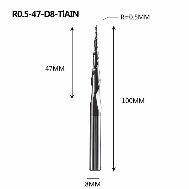 Dreanique конусная фреза по дереву (R0.5 L47 d8 покрытие TiAlN) P2BC-R0.5-47-H8 39785