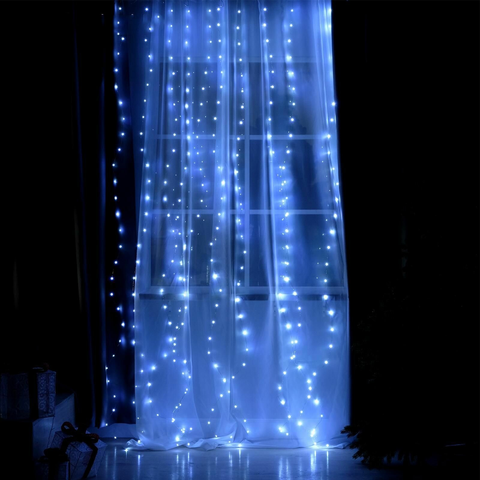 Светодиодная гирлянда-штора "Занавес", серебристая нить, 300 LED фонариков, свечение белое, 8 режимов, шнур USB, 2.8 3 м