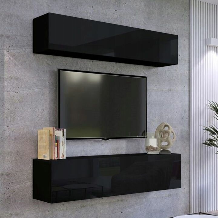 Стенка в гостиную Мебель на Руси "Равенна 7" 175х200х36, черный / черный глянец