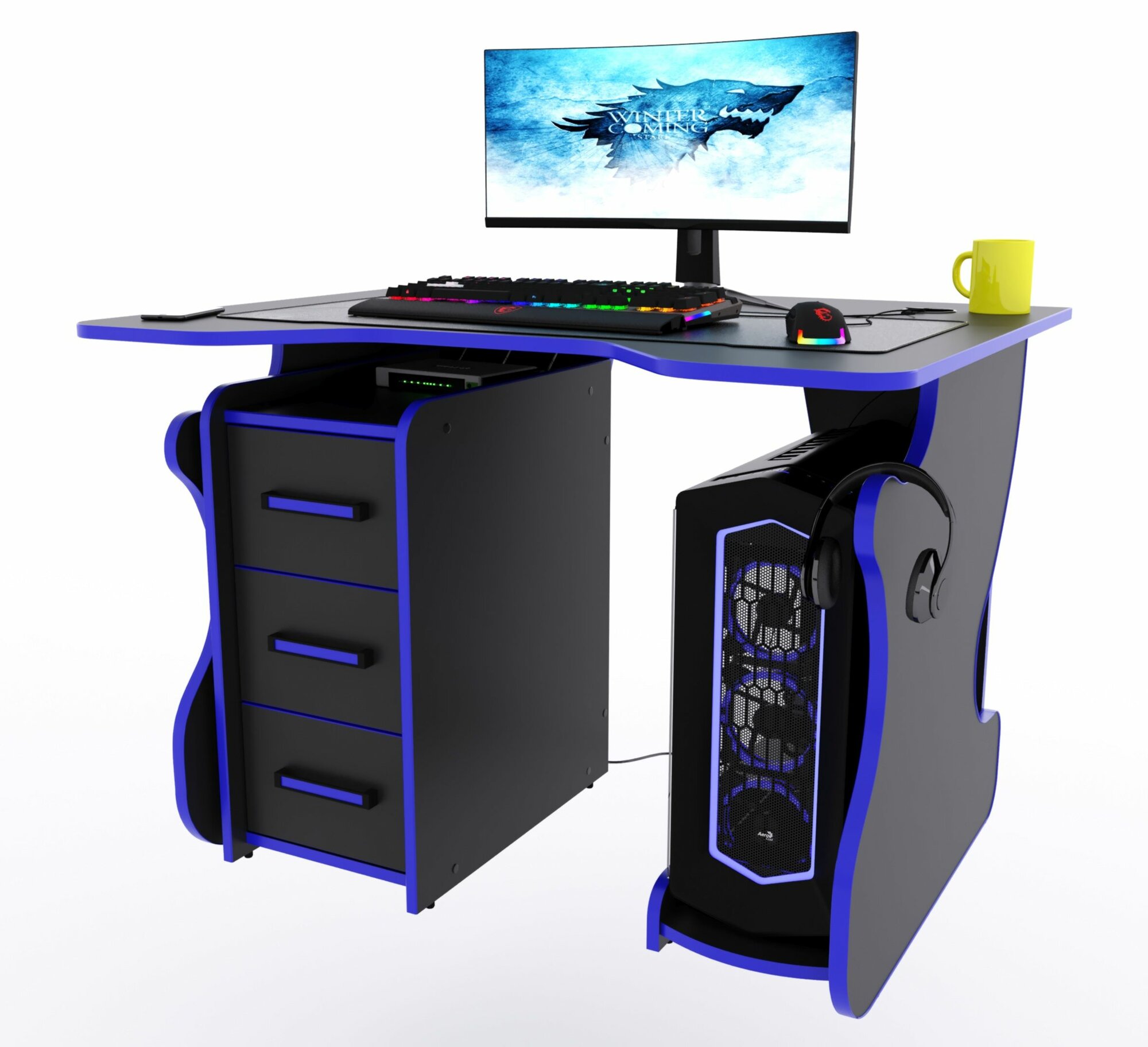 Игровой компьютерный стол "Даги" с тумбой, 100x80x75 см, чёрный с синей кромкой