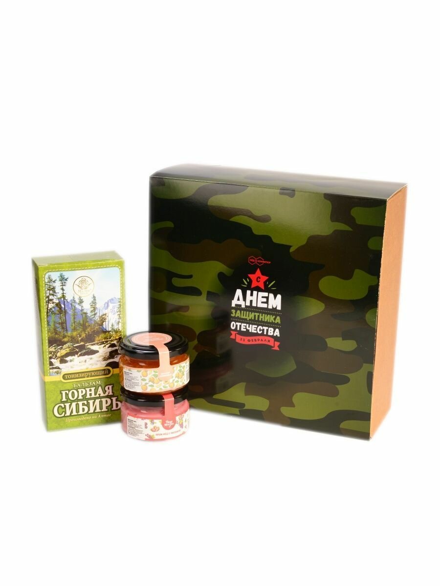 Подарочный набор "23 февраля Хаки" конфитюр абрикосовый, крем-мед с малиной, бальзам, Мед и Конфитюр