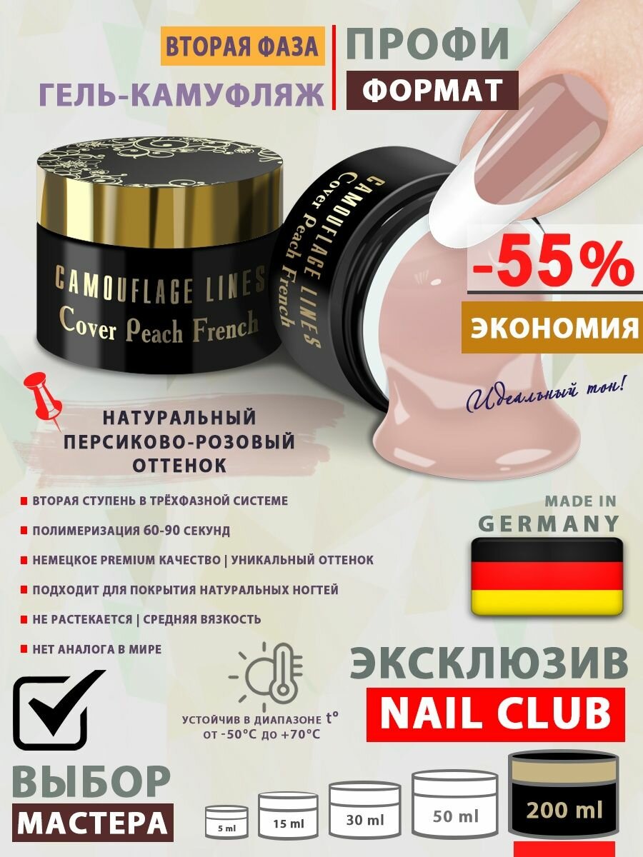 Камуфлирующий гель для ногтей CAMOUFLAGE LINES Cover Peach French, 200 мл