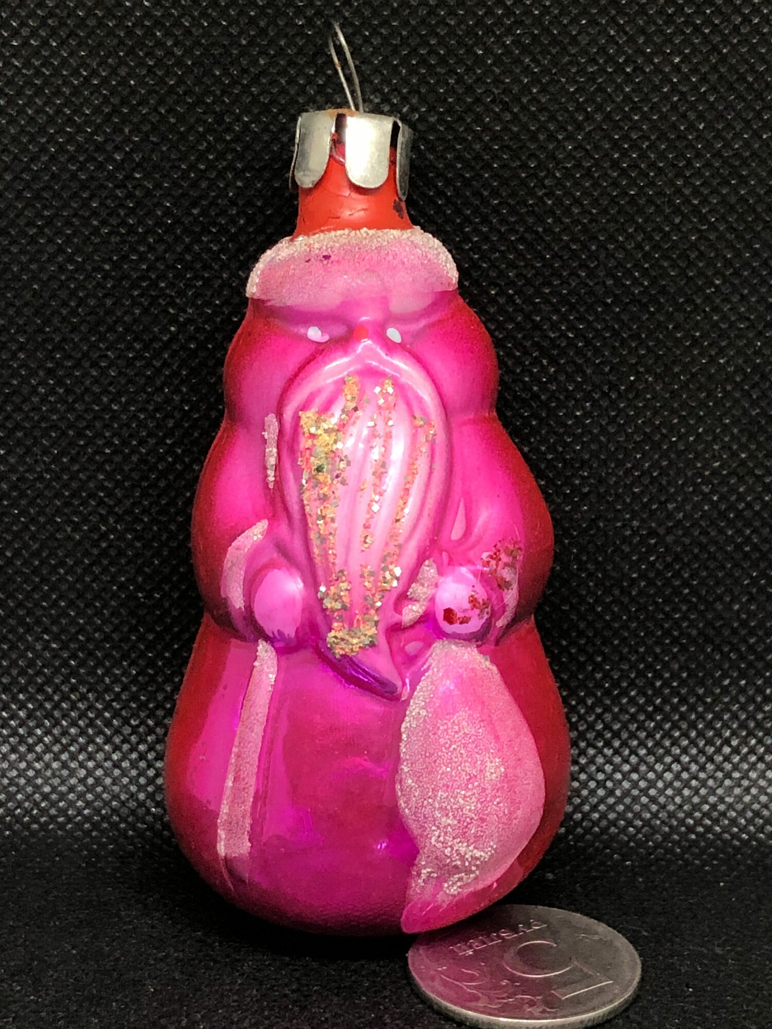 Елочная игрушка СССР Дед Мороз с мешком подарков и посохом стекло # 72