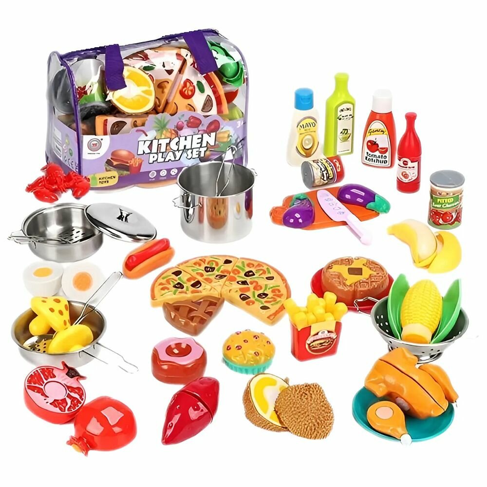 Игровой набор игрушечных пластиковых продуктов 43 предмета для девочек, овощи и фрукты на липучках, ножи и посуда в сумке