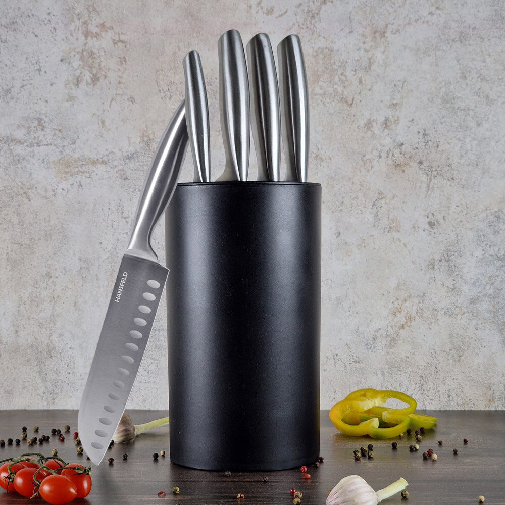 Набор из 5 кухонных ножей с подставкой(овощной, универсальный, разделочный, хлебный, Сантоку, подставка) HANSFELD Aurora