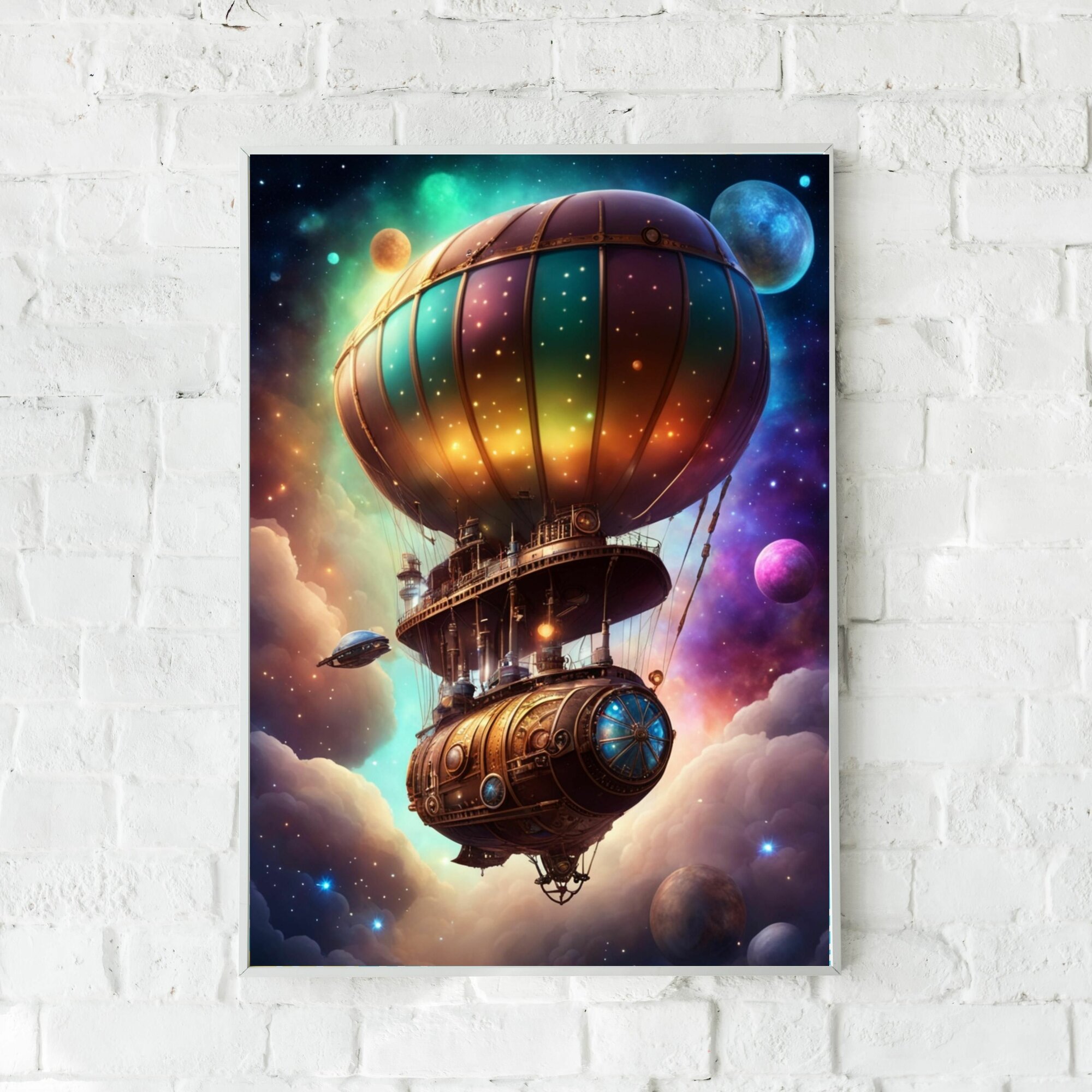 Постер 33х48 без рамы "Стимпанковский дирижабль в галактике"