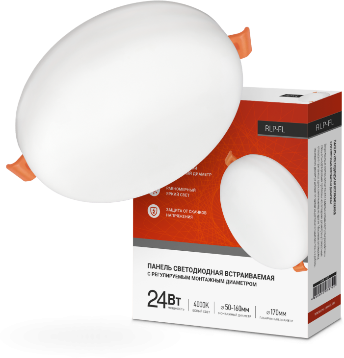 Панель светодиодная встраиваемая безрамочная RLP-FL 24Вт 230В 4000К 2160Лм 170мм с рег монт. 45-140мм белая IP20 IN HOME