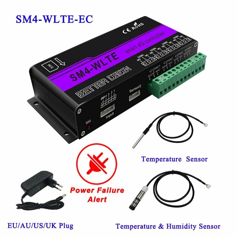 UandaGad 4G GSM Релейный контроллер 4 канала EC with 1T1TH sensor