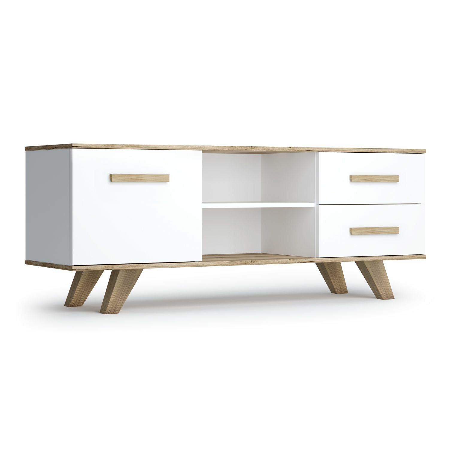 Вега скандинавия Тумба под ТВ Белый, Дуб Каньон, глянец белый (Кураж)