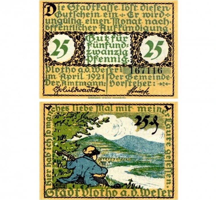 Нотгельд 25 пфеннигов 1921 Германия, Флото, сувенирная копия, банкноты и купюры редкие коллекционные