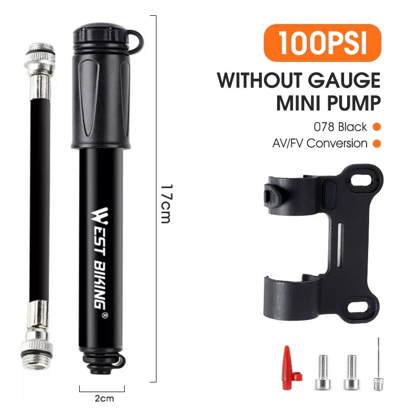West Biking Портативный ручной насос для велосипедов Черный, Basic 100PSI Black