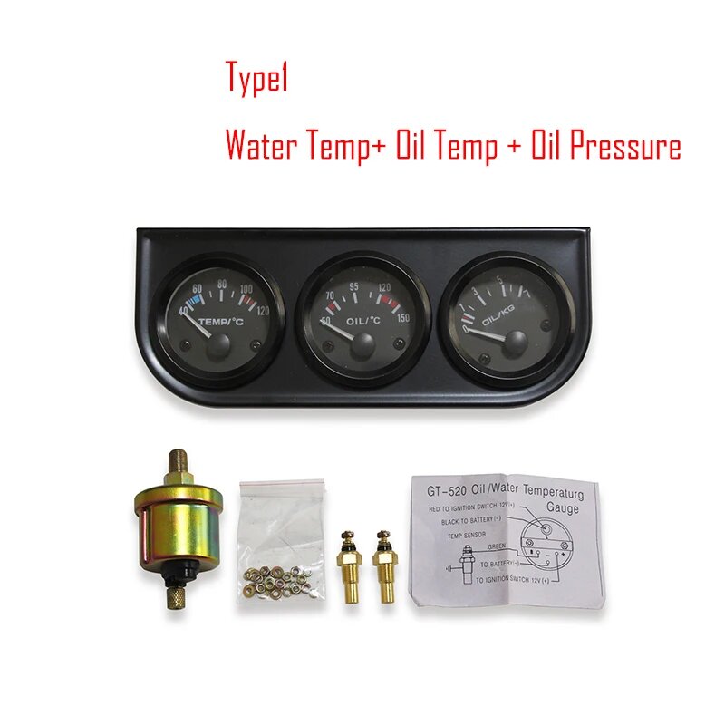 52 мм тройной комплект датчик температуры масла + Датчик температуры воды + Датчик давления масла с датчиком 3 в 1 Автомобильный Измеритель + Вольтметр Type1